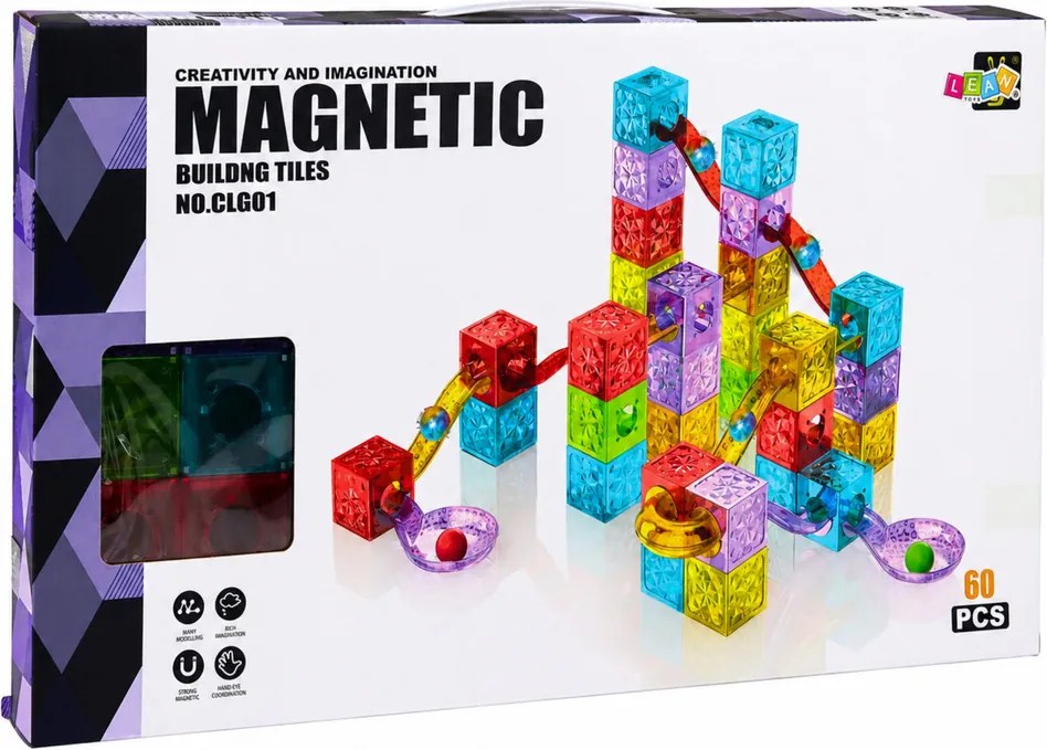 LEAN Toys Magnetické stavební kostky – kostky, kuličková dráha, barevné, 60 ks.