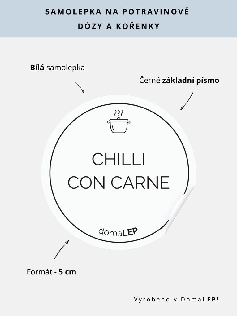 Samolepka na kořenky CHILLI CON CARNE bílá 5 cm základní písmo