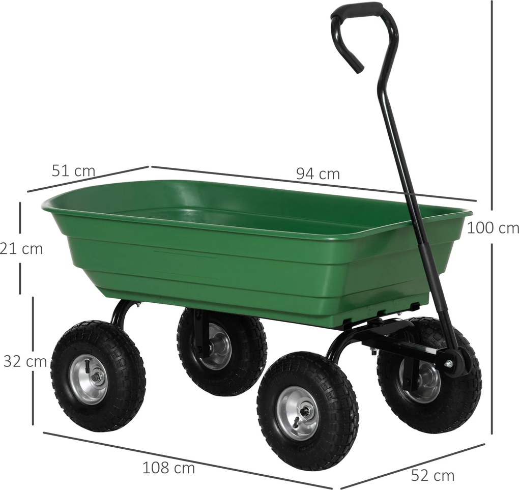 Zahradní vozík Outsunny s ocelovou konstrukcí a pneumatikami, měkký úchop, nosnost 250 kg, 108x52x100 cm, zelená
