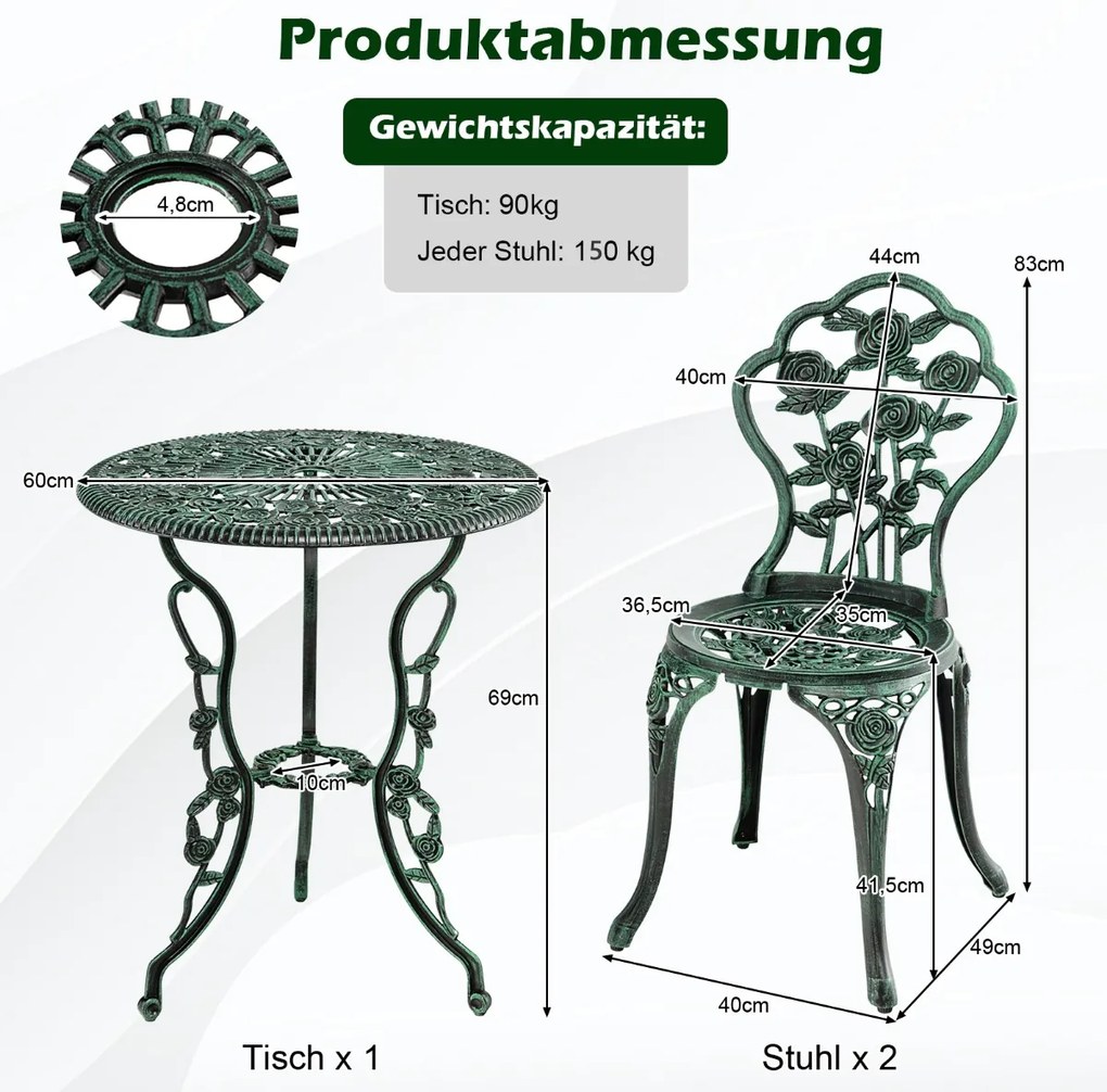 Costway 3 ks. Starožitný bistro set rose design sedací skupina balkonová sada