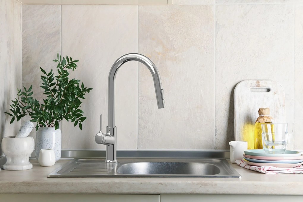 Invena Farsala, dřezová baterie s výsuvnou 2-funkční výlevkou h-433, chromová, INV-BZ-40-U01-S