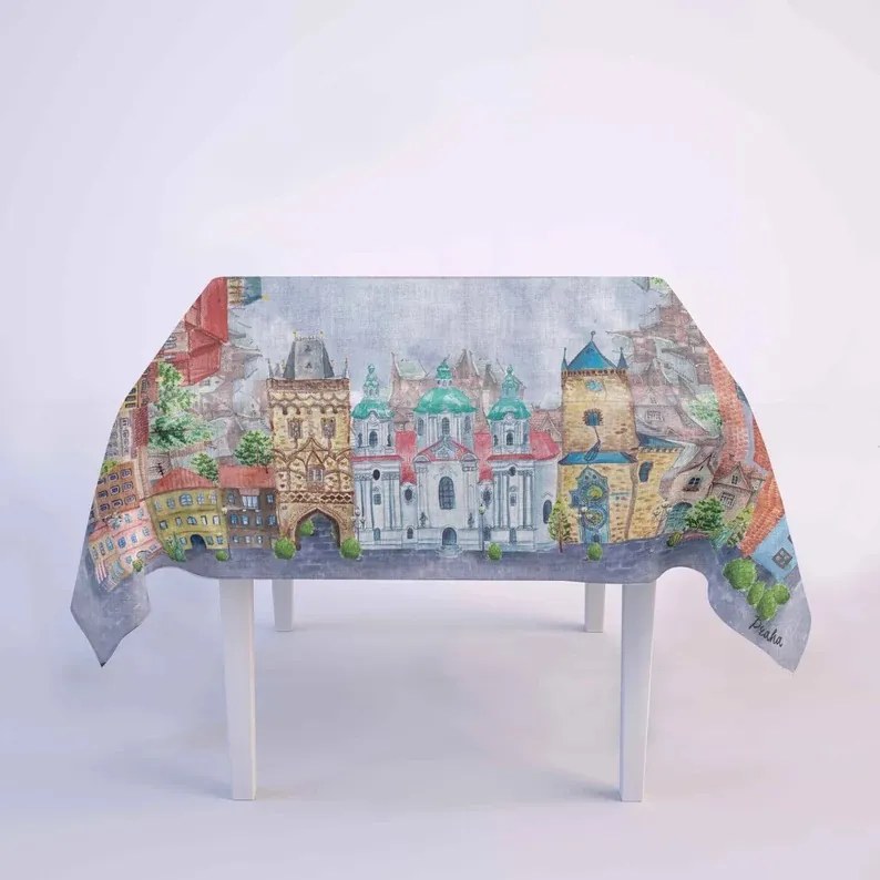 Lenbutik Lněný, luxusní, ubrus Barevná Praha/ Colourfull Praque Rozměry ubrusů: 100x100 cm