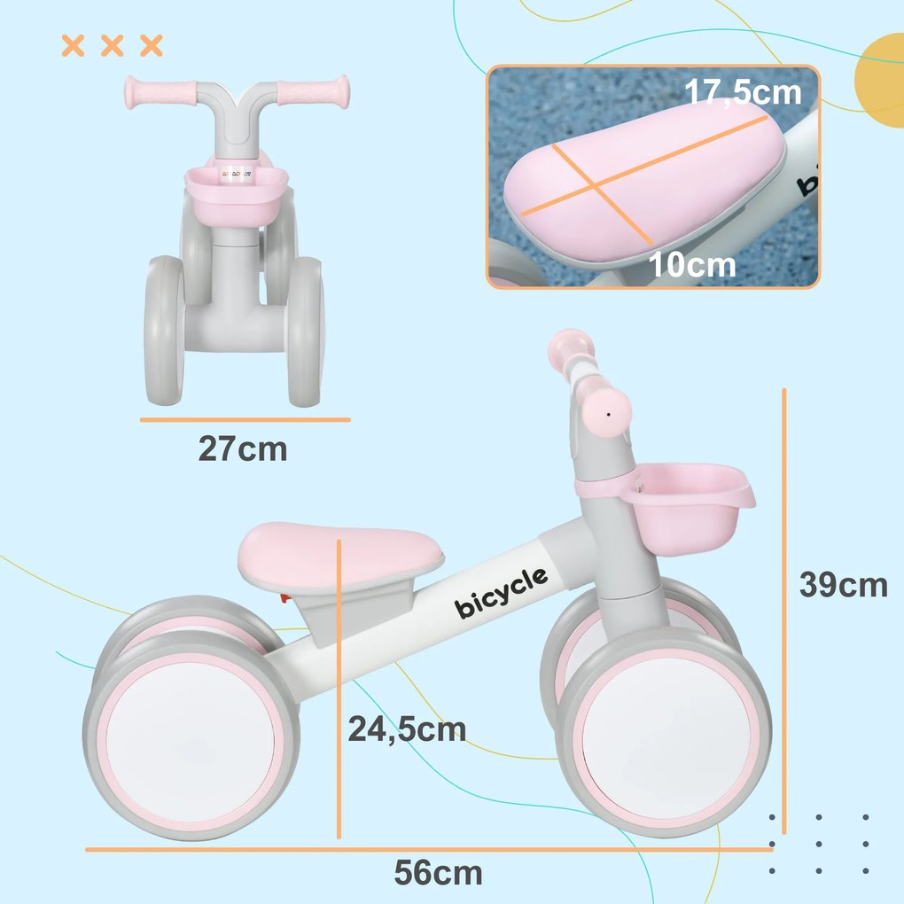 Dětské odrážedlo AIYAPLAY od 1 roku do 20 kg s TPU koly, košíkem a nastavitelným sedlem, dárky pro chlapce a dívky, hračky Růžová+Bílá