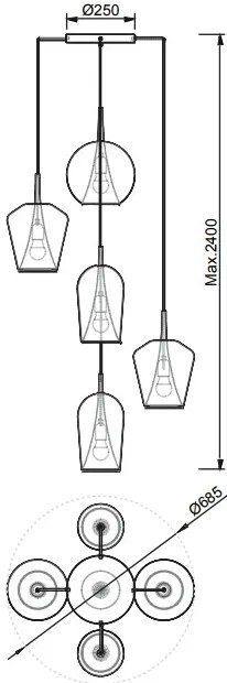 Mantra Elsa, závěsné svítidlo s pěti závěsy 2xbronz/čirá/chrom/měď 5xE27, průměr 68,5cm