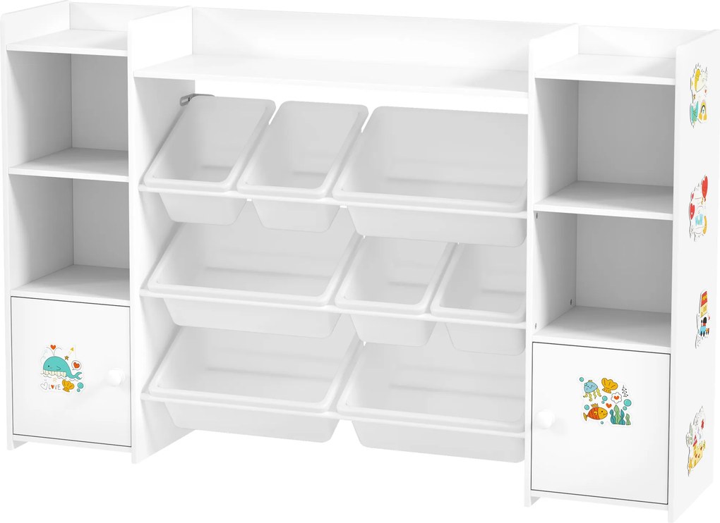 AIYAPLAY dětský úložný nábytek, dětský regál na hračky s 8 odnímatelnými boxy, 140 x 30 x 90 cm, bílý