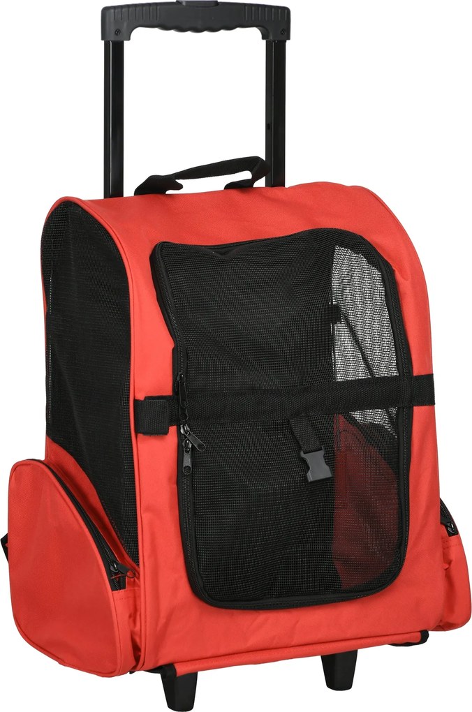 PawHut Pet Carrier Kart 2 v 1 Batoh 42x25x55 cm pro domácí mazlíčky Psy Kočky Červená