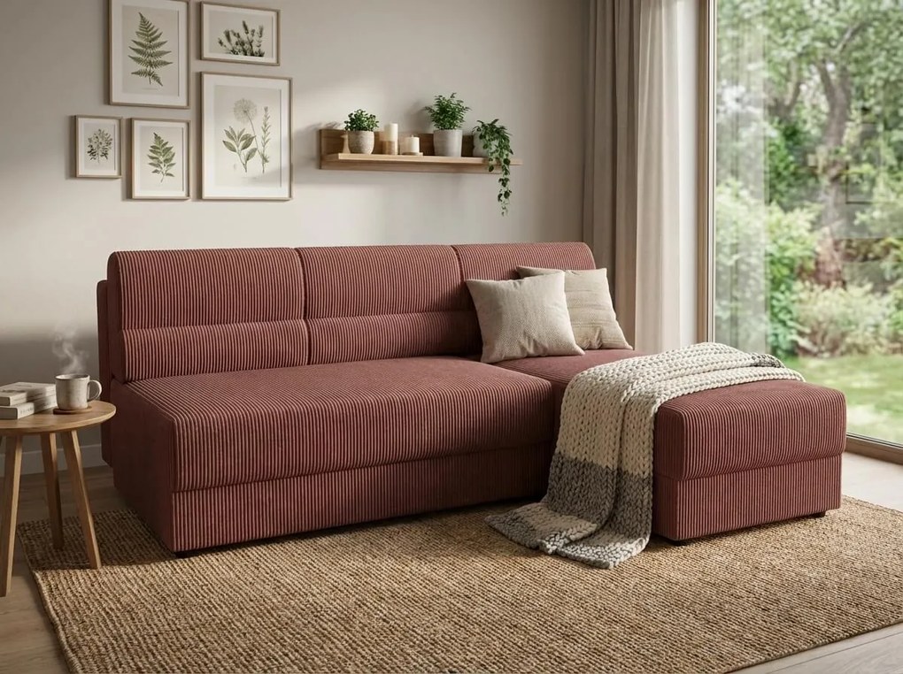 Rozkládací oboustranná sedací souprava do L TAVERO SLIM 201x140 cm, tmavě růžová
