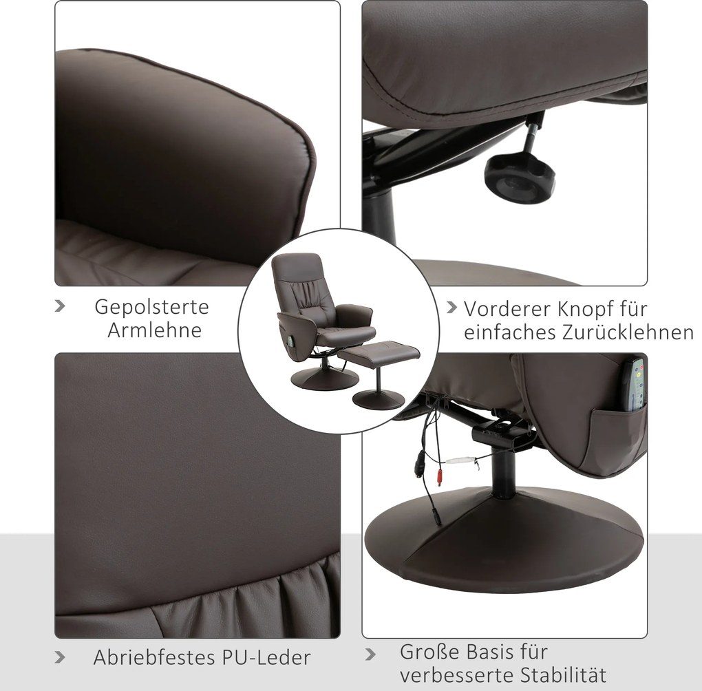 HOMCOM 2-St TV křeslo s funkcí polohování 360° otočné polohovací křeslo s 10 masážními body v imitaci kůže v hnědé barvě Š76 x D81 x V105 cm | Aosom.…