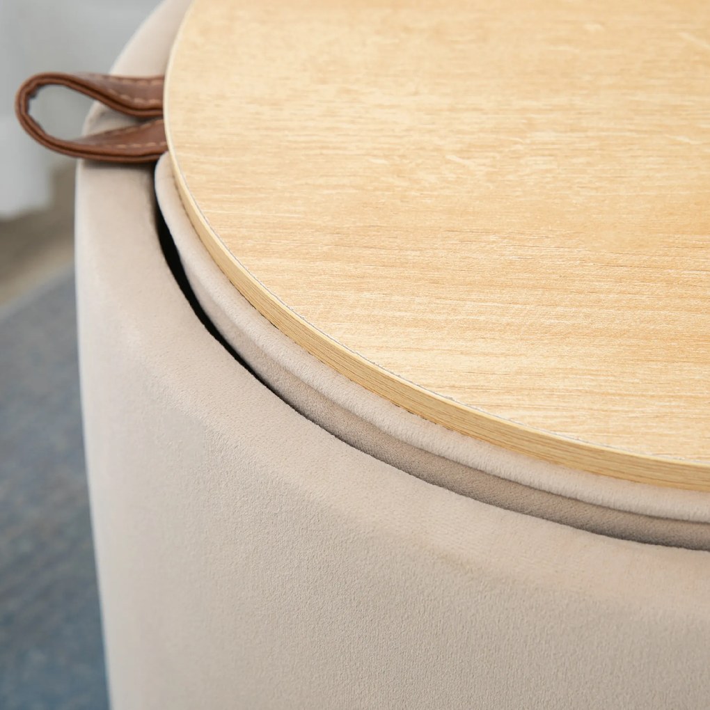 HOMCOM Otoman kulatý s úložným prostorem v béžovém sametovém vzhledu s odnímatelným víkem Ø44cm x 47,5cm jako odkládací stolek | Aosom.de