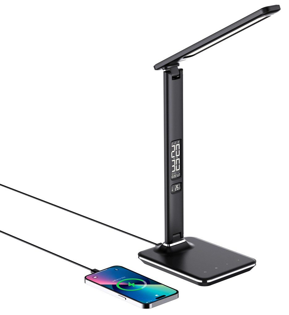 LED stolní lampička Immax KINGFISHER Qi černá s bezdrátovým nabíjením Qi a USB