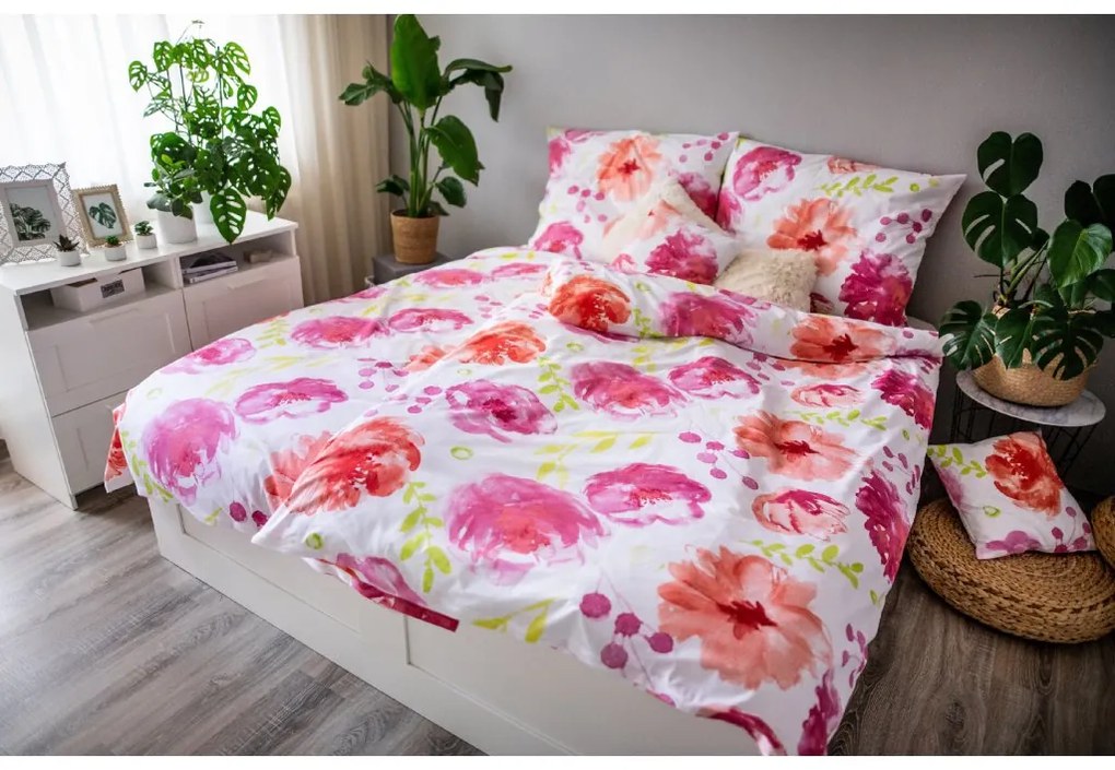 Cotton House Povlečení 3dílné LP DITA- Flores pink / 70x90+140x200cm / bavlna + povlak na polštář 40x40cm