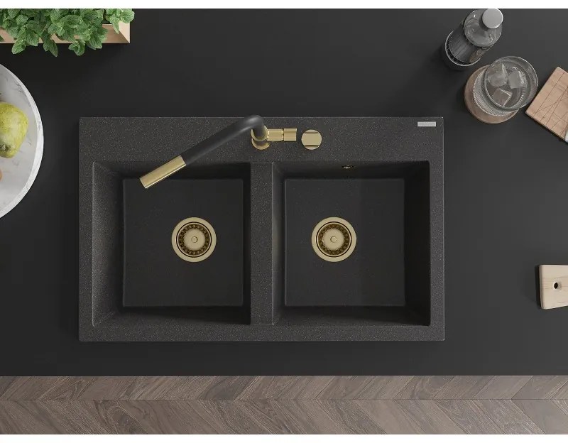 Mexen Hektor, 2-komorový granitový dřez 800x480x205 mm, černá skvrnitá, zlatý sifon, 6521802000-76-G