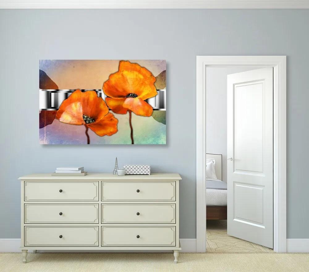 Obraz oranžové květy máku v orientálním stylu - 120x80 cm