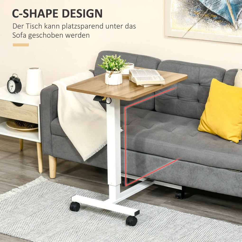 HOMCOM Stůl Sit-stand výškově nastavitelný s kolečky Prostorově úsporný stůl na notebook ve tvaru C přírodní bílá 70-110 cm do 70 kg