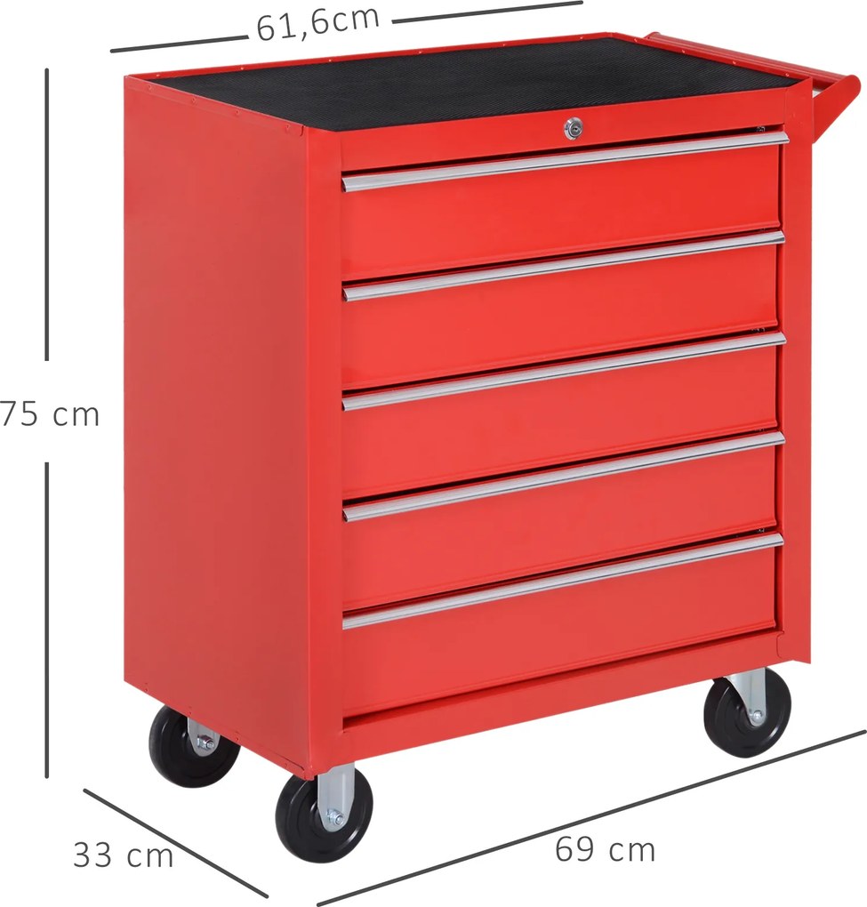 Skříňka na kolečkách, skříňka na nářadí do garáže, kůlny, ocel, 69L x 33W x 75H cm, červená