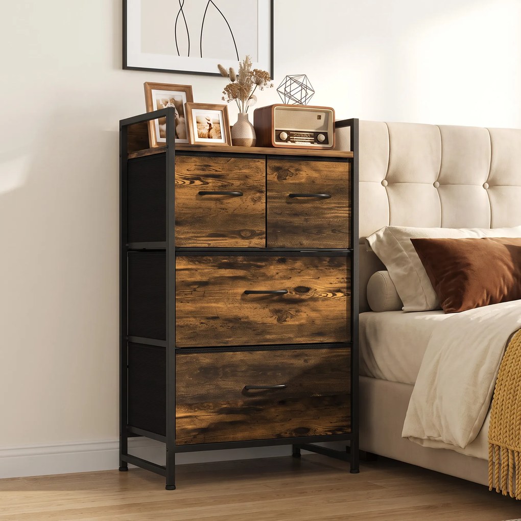 HOMCOM komoda, sideboard, 4 látkové zásuvky, průmyslový design, 50x29x85 cm, hnědá/černá