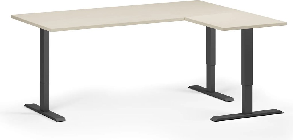 Rohový výškově nastavitelný stůl, 180x140 cm, 3 motory, L/P, černá podnož, bříza