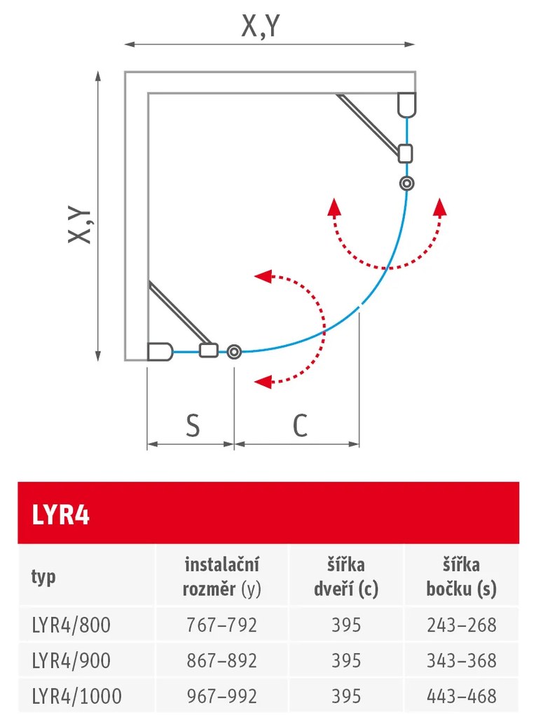 Roth Čtvrtkruhový sprchový kout LYR4 Varianta: rozměry: 100x100 cm - (LYR4 1000 - 1135008269), Barva profilů a typ výplně: profily: brillant, výplň: transparent