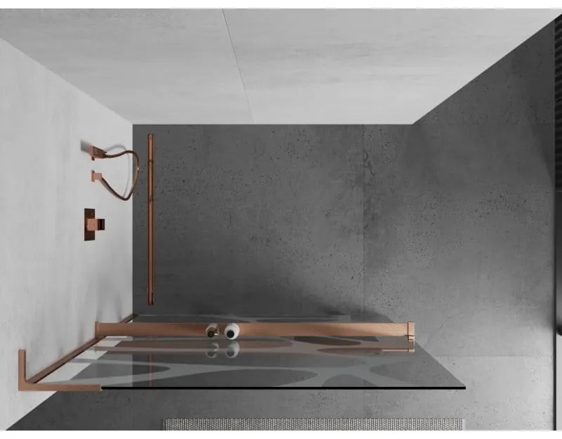 Mexen Kioto+ L, sprchová zástěna Walk-In s poličkou a věšákem 90 x 200 cm, 8mm čiré sklo bílý vzor, měděný matný profil, 800-090-123-65-97