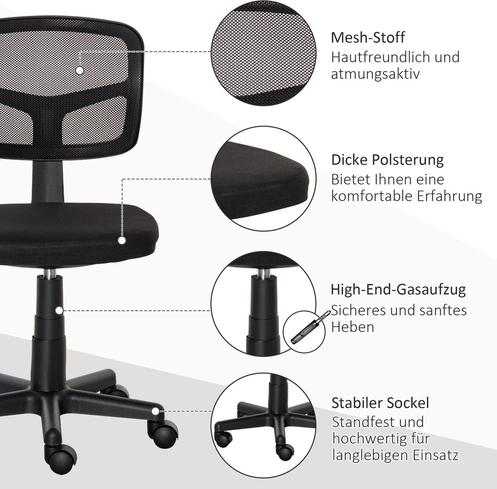 Vinsetto Ergonomická síťová kancelářská židle 360° otočná s nastavovací výškou, prodyšným bederním opěradlem a bezpodmínečnými kolečky 43x48x77,5-89,…