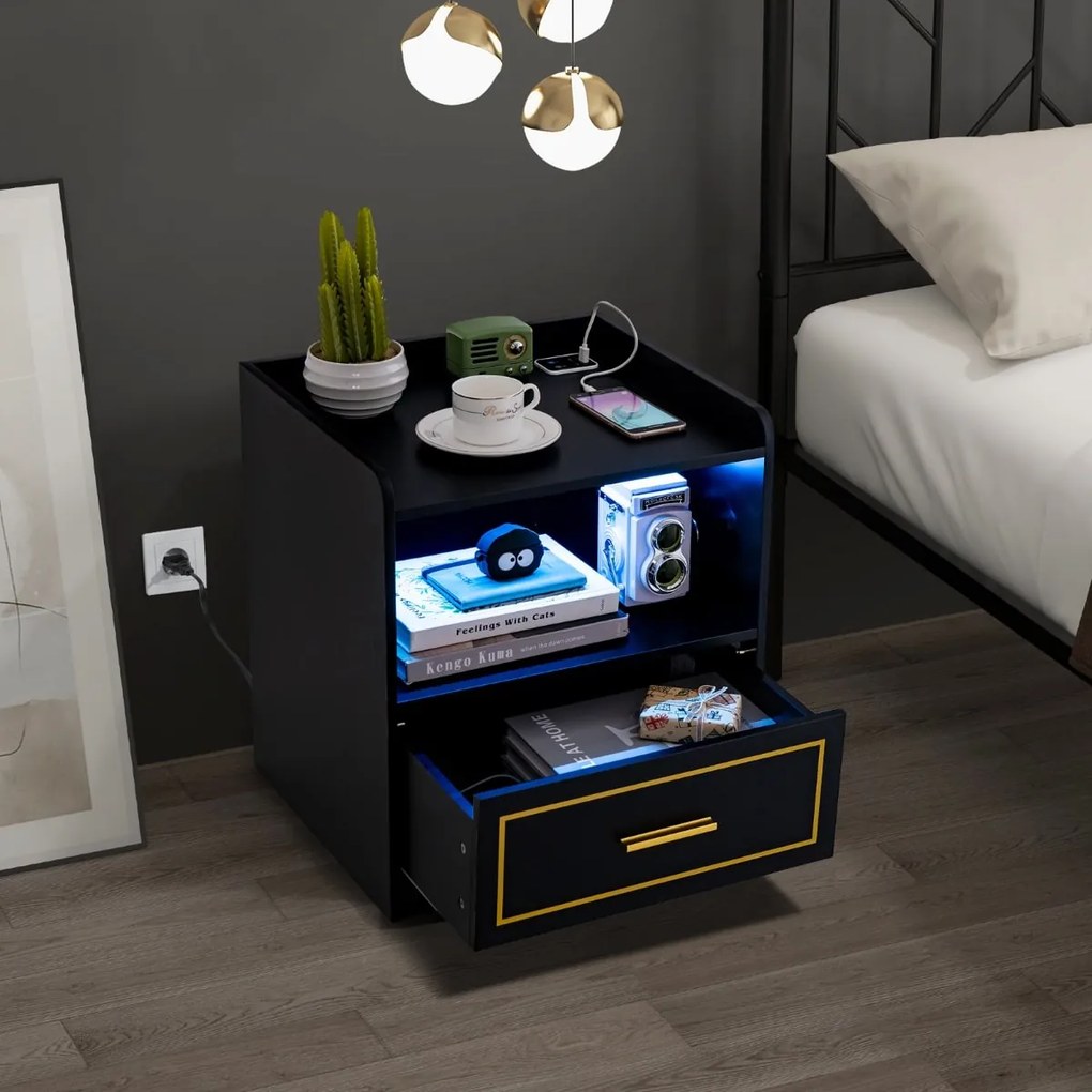 Costway Noční stolek s USB portem LED osvětlení a nočním stolkem nabíjecí