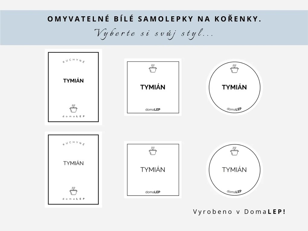 TYMIÁN - omyvatelná samolepka na kořenky, výběr rozměrů Ø 5 cm / 5 x 5 cm / 6 x 8 cm | DomaLEP tvar: ČTVEREC, barva: BÍLÁ - ČERNÉ písmo, velikost: š. 5 cm x v. 5 cm - základní písmo