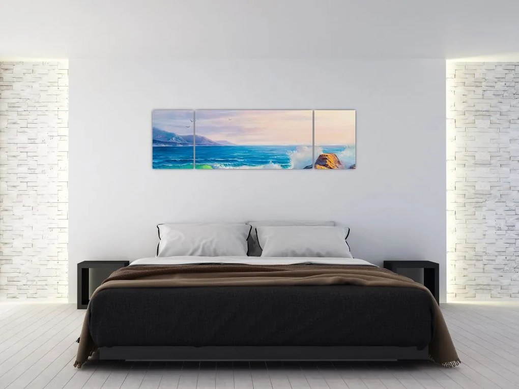 Obraz vln narážejících na útesy, olejomalba (170x50 cm)