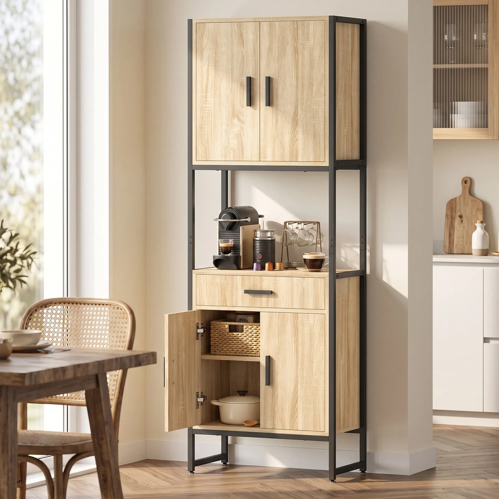 HOMCOM vysoká skříň do kuchyně, kuchyňská skříňka, 4 dveře s tlumeným zavíráním, zásuvka, pracovní deska, 60x30x170 cm, přírodní dřevo