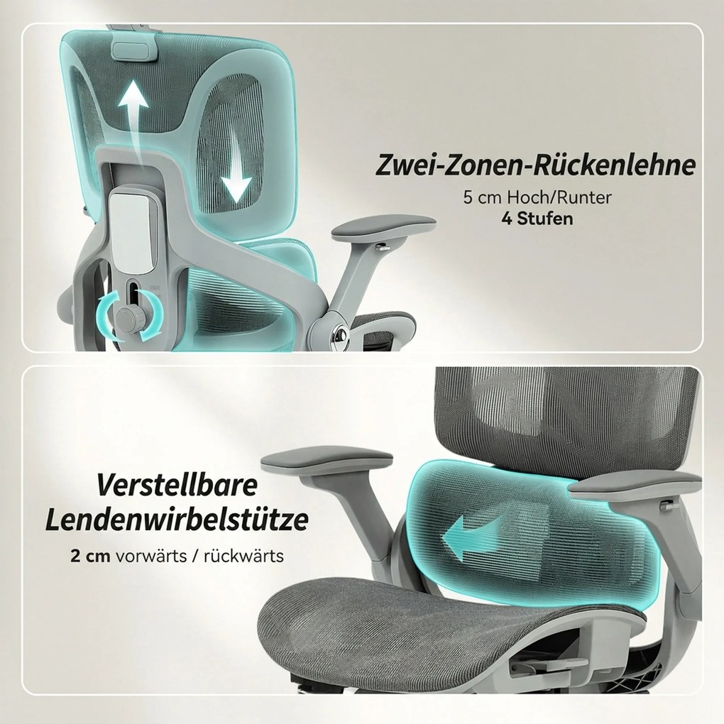 HOMCOM ergonomická síťovaná kancelářská židle — 4D područky, nastavitelná opěrka hlavy a hloubka sedáku, bederní opora, sklápění 135° s opěrkou nohou…