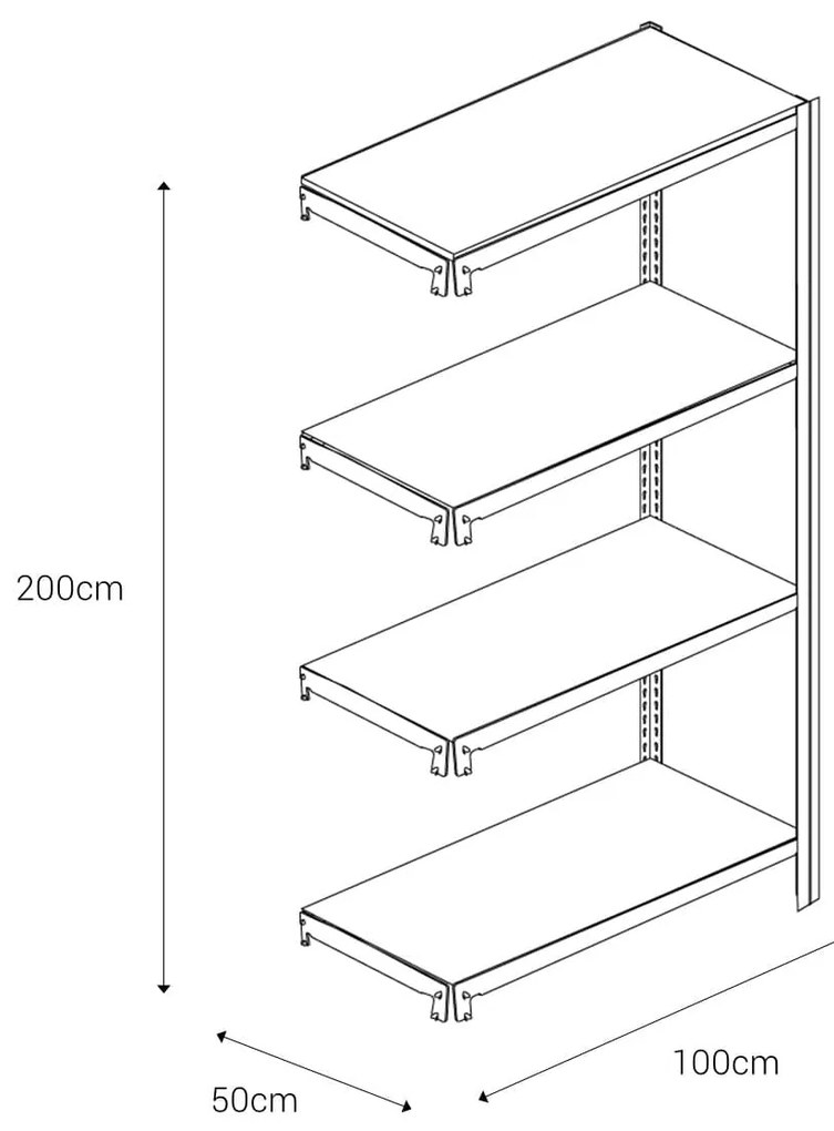 Bezšroubové kovové regál přídavný modul 200x100x50cm T profil, 4 police