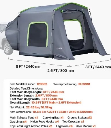 Velký stan SUV pro 5–9 osob, Vodotěsný PU 3000 mm VEVOR