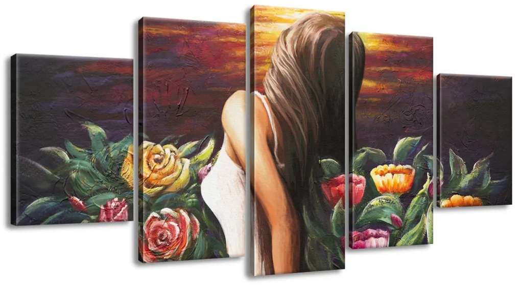Gario Ručně malovaný obraz Žena mezi květinami - 5 dílný Rozměry: 150 x 105 cm