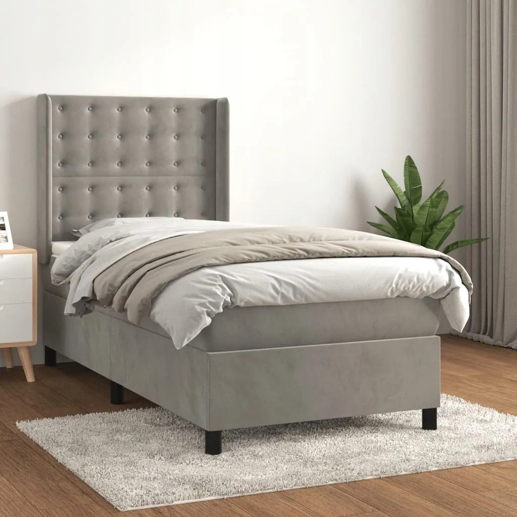 Box Spring Postel S Matrací Samet Světle Šedá tlačítka 80 x 200 cm