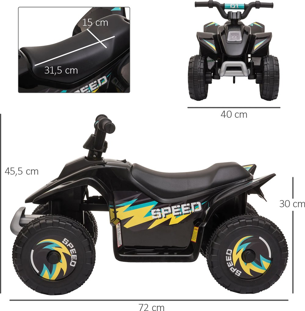 HOMCOM Elektrická čtyřkolka pro děti 18-36 měsíců, na baterie 6V s vpřed a vzad, maximální zatížení 20 kg, 72x40x45.5 cm, černá