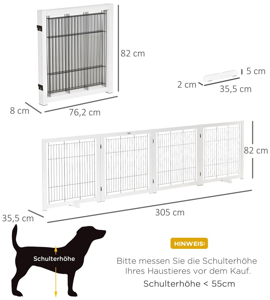 Dřevěná bezpečnostní brána PawHut, zábrana pro psy, bezpečnostní brána, brána pro psy, bezpečnostní dveře, ocel, bílá, 305 x 35,5 x 82 cm