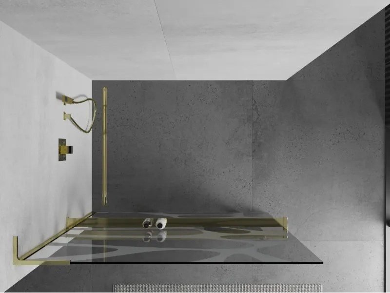 Mexen Kioto+ L, sprchová zástěna Walk-In s poličkou a věšákem 70 x 200 cm, 8mm čiré sklo bílý vzor, ​​zlatý lesklý profil, 800-070-123-50-97