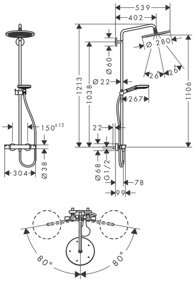 Hansgrohe Croma Select S, Showerpipe 280 1jet EcoSmart 9 l/min s termostatem a ruční sprchou Raindance Select S 120 3jet, kartáčovaný černý chrom, HAN-26891340