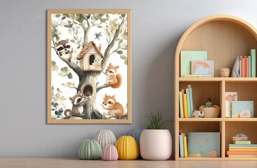 Lesní kamarádi - obraz - Zvířátka u domečku na stromě 74 - 70 x 100 cm - 1 149 Kč