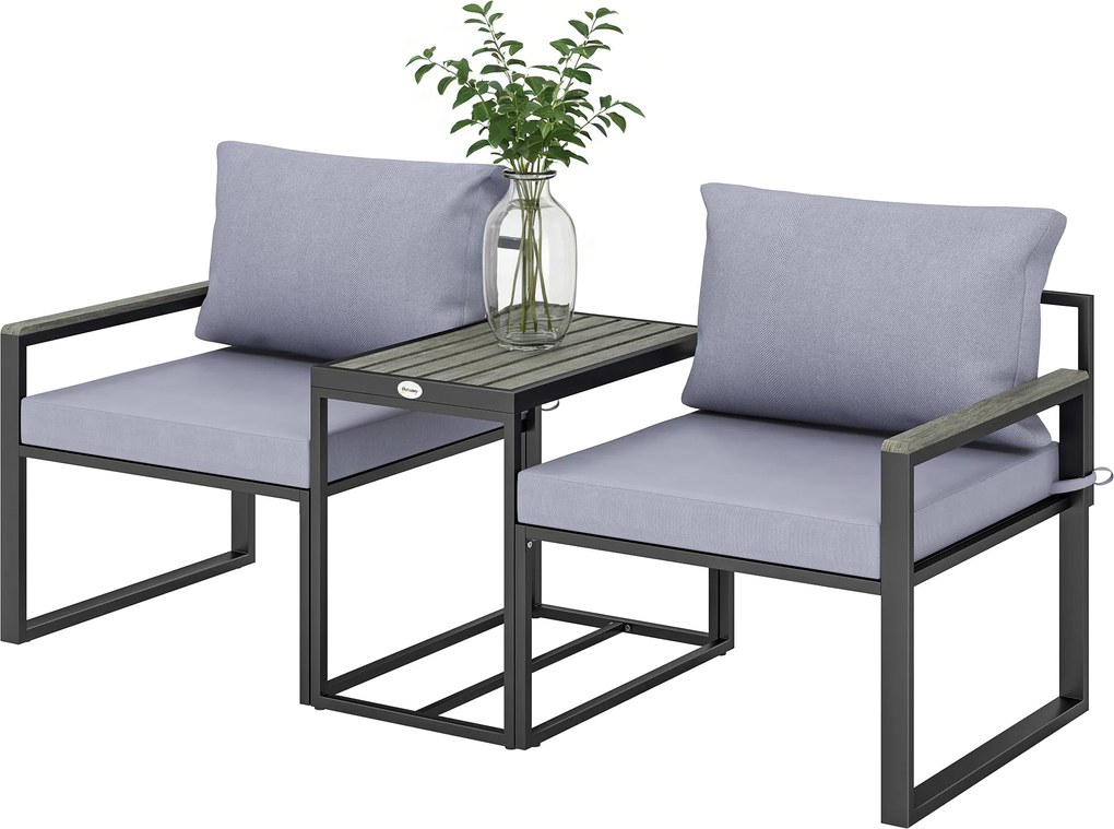 Outsunny 3dílný bistro set na balkon – 2 křesla a stolek s odnímatelnými prodyšnými polštáři, ocelový zahradní nábytek, šedá | Aosom