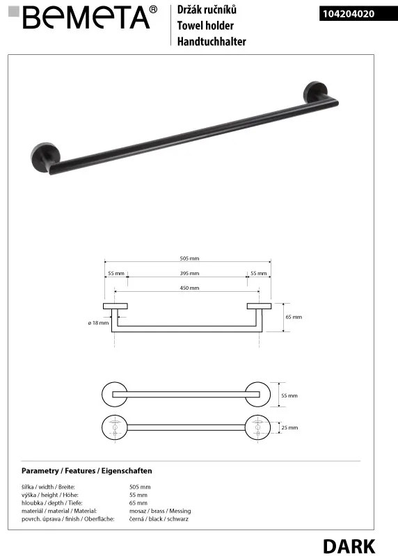 Bemeta Design DARK: Držák ručníků, 450 mm - 104204020
