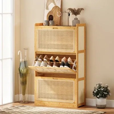 HOMCOM úzká bambusová botníková skříňka s 3 sklopnými ratanovými přihrádkami pro 18-21 párů bot, 69x29x119,8 cm, přírodní