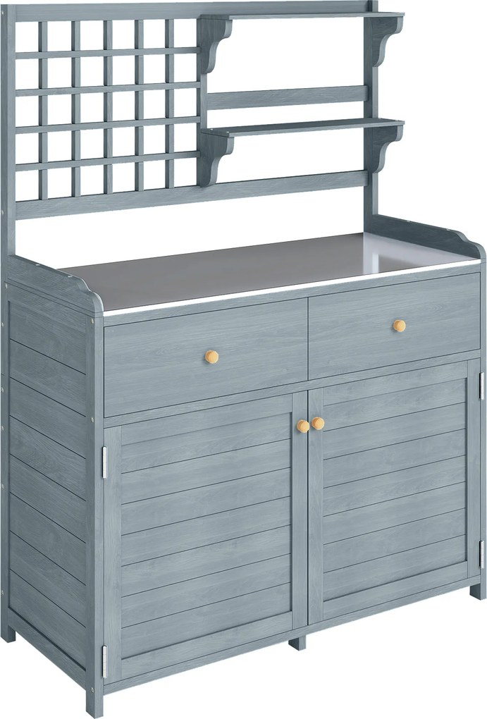 Outsunny světle šedý zahradní stůl na přesazování se skříňkou a pozinkovanou pracovní deskou, 2 zásuvky — 104 x 44 x 140 cm