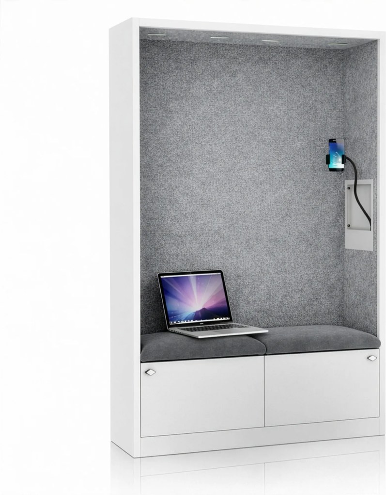 Kancelářská akustická kabina se sedátkem a USB-C portem, korpus bílý / sedák šedá, 1150 mm: SALLY MentalBox