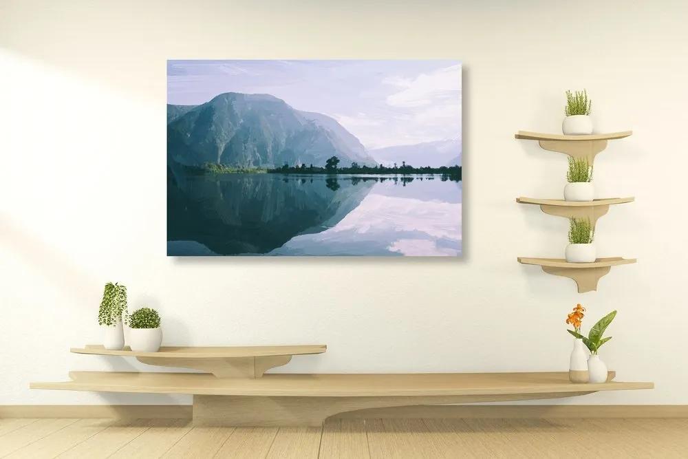 Obraz malovaná scenérie horského jezera - 60x40 cm