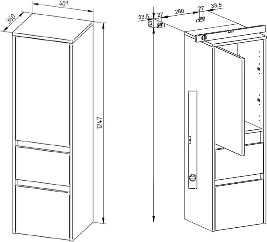 Mereo Mereo, Opto, koupelnová skříňka vysoká 125 cm, levé otevírání, bílá, dub, bílá/dub, černá, CN934L
