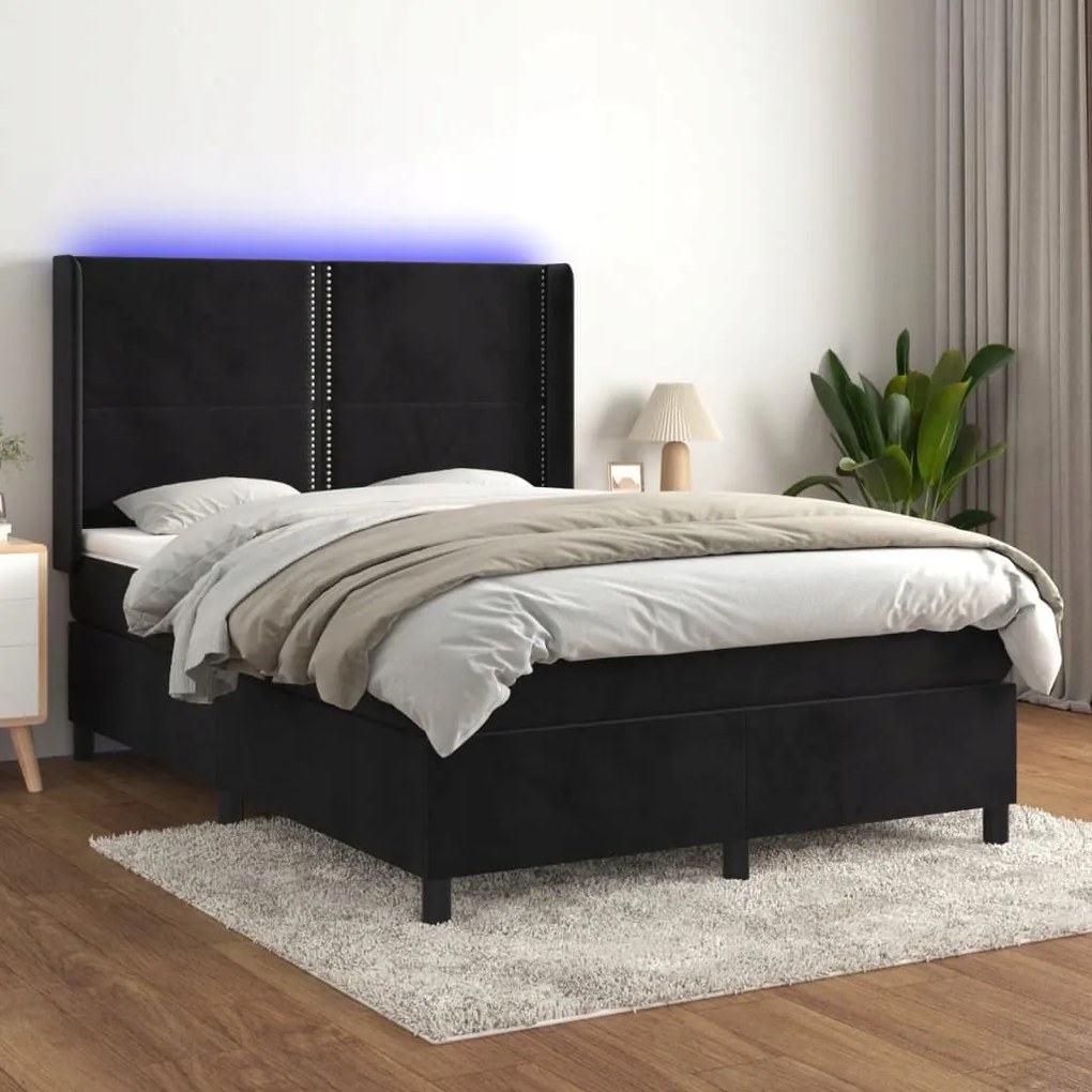 Box Spring Postel S Matrací A Led Černá Samet Černá Hladké s hřebíky 140