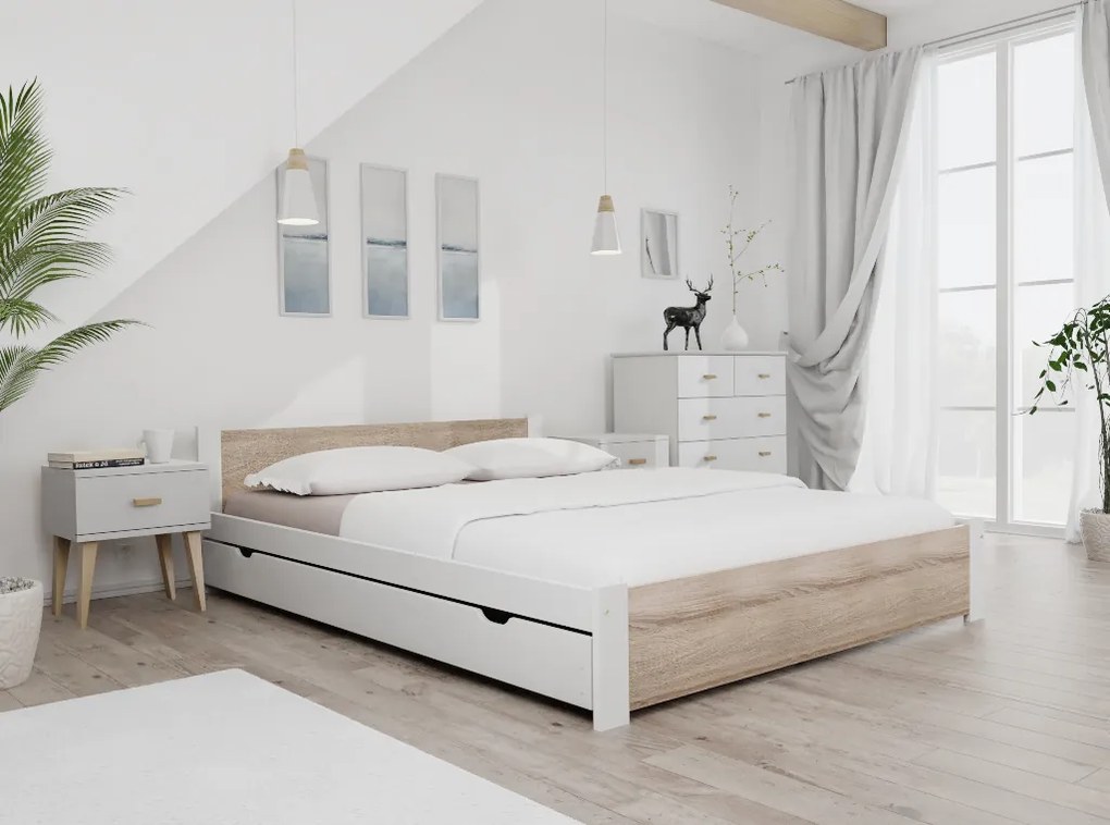 Postel IKAROS 160 x 200 cm, bílá/dub sonoma Matrace: Matrace Coco Maxi 20 cm, Rošt: S laťkovým roštem