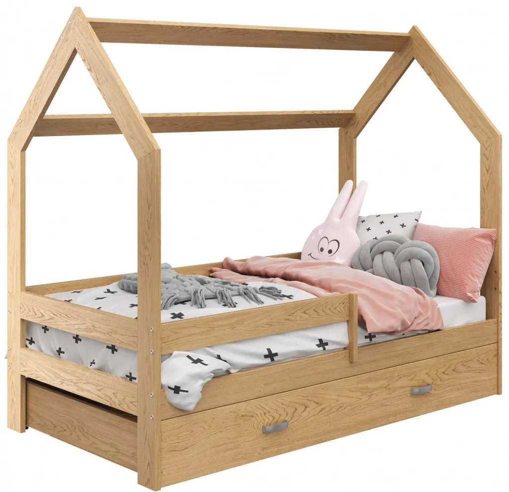 Dětská postel Domek 80x160 cm D3, rošt ZDARMA - borovice, zábrana: borovice, úlož. prost: borovice, matrace: bez matrace