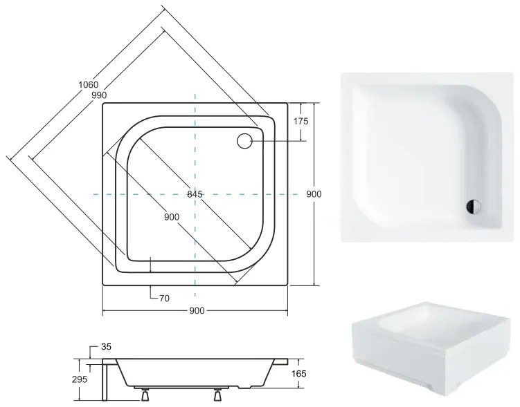 Besco Ares čtvercová vysoká sprchová vanička Rozměr vaničky: 70x70cm