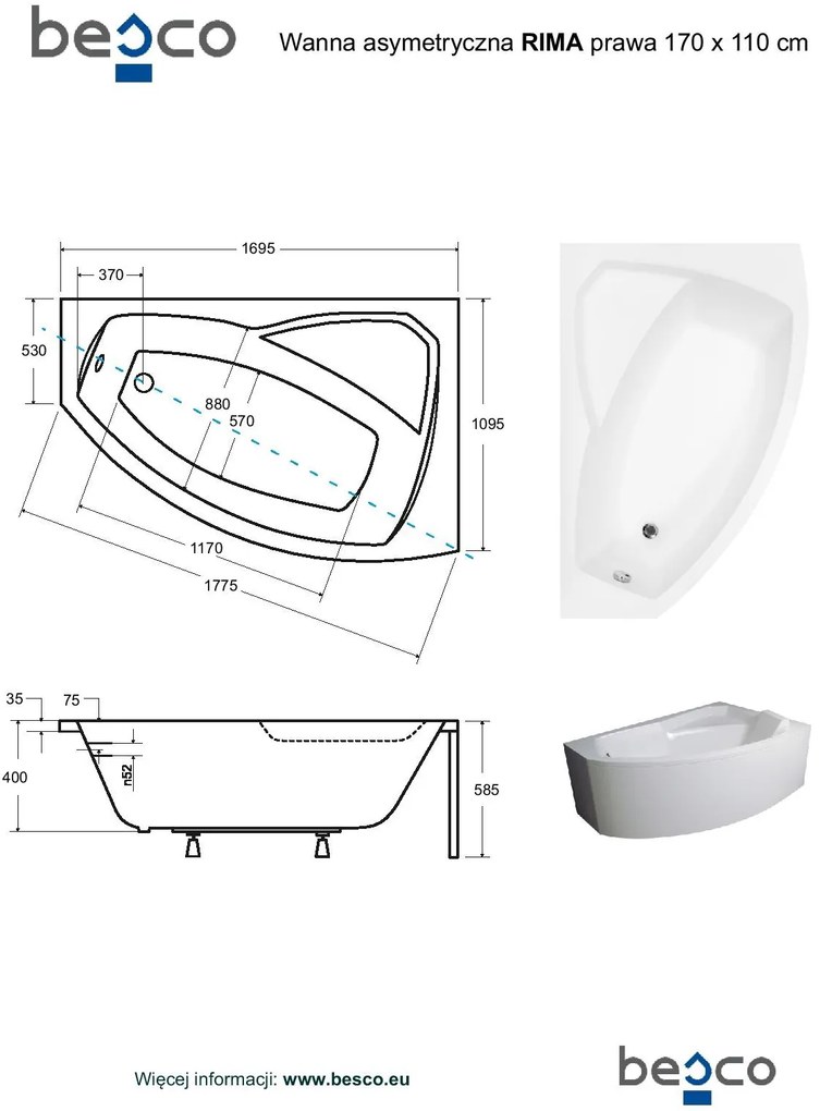 BESCO Asymetrická vana RIMA Nožičky k vaně - Bez nožiček, Rozměr vany - 170 × 110 cm, Způsob provedení - Pravé - VANRIM170P